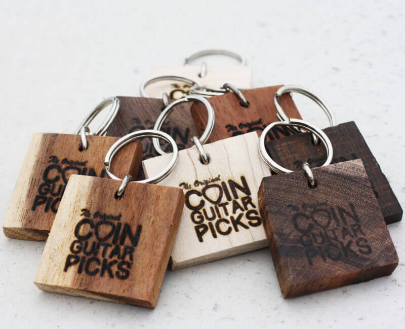 Raw Exotic Wood Keychain with Logo Coin Guitar Pick